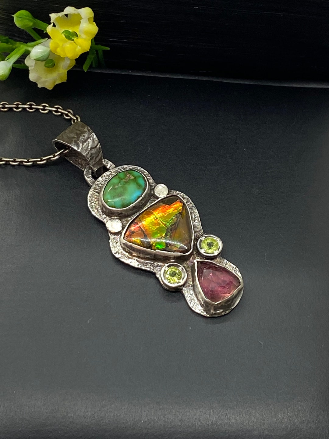 Canadian Ammolite With Sonoran Turquoise and Pink Tourmaline Pendant ...