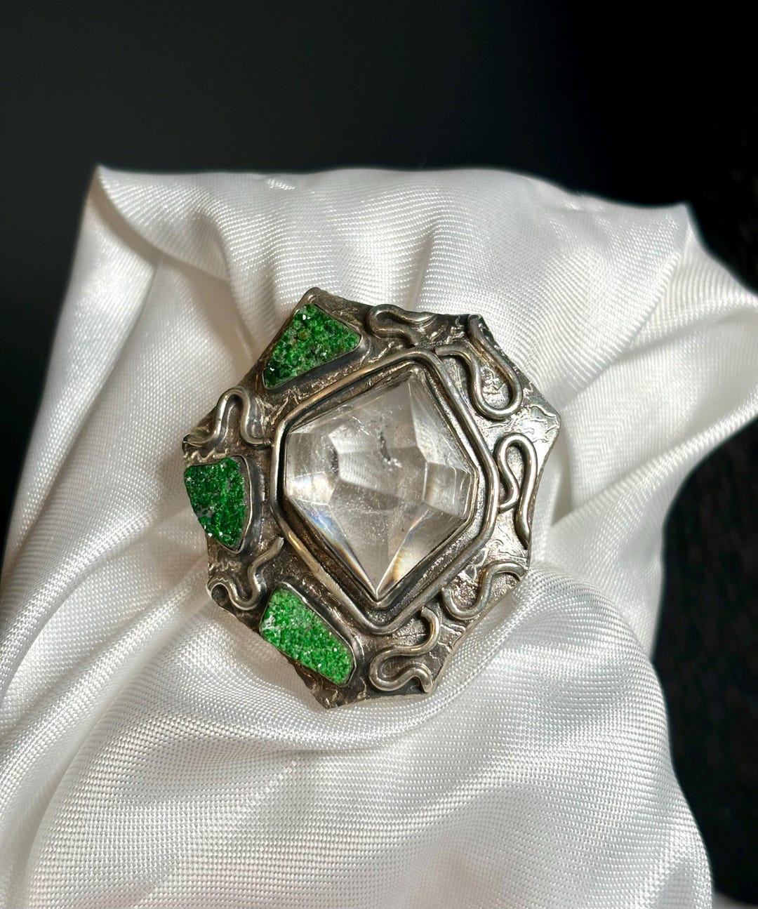 Quartz With Uvarovite Gemstone Ring - Artisan Handmade Ring - Big ...