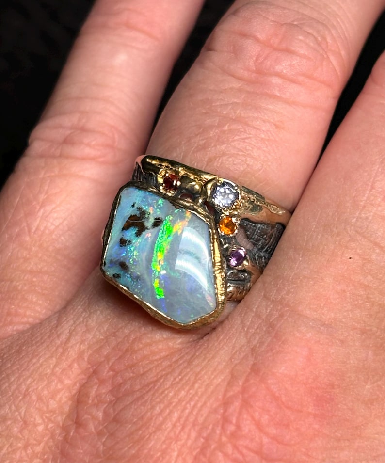 Australian Opal Statement Ring: Handmade Sterling Silver, Gold Accents ...