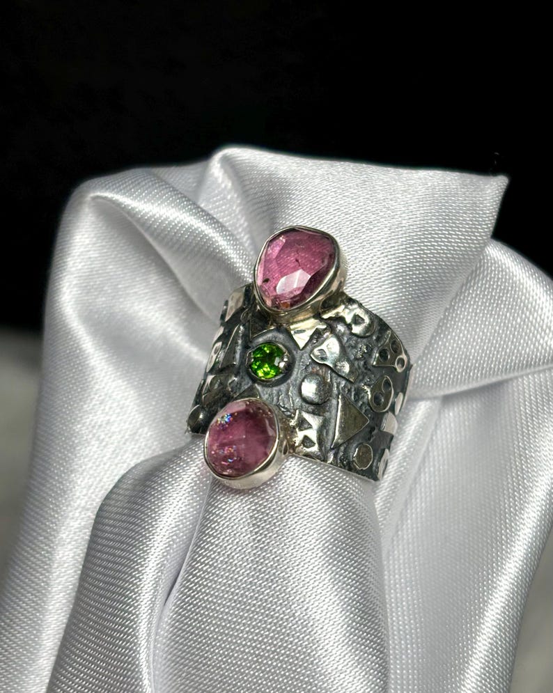 Rose Cut Pink Tourmaline Ring: Sterling Silver Chrome Diopside, Size 6. ...