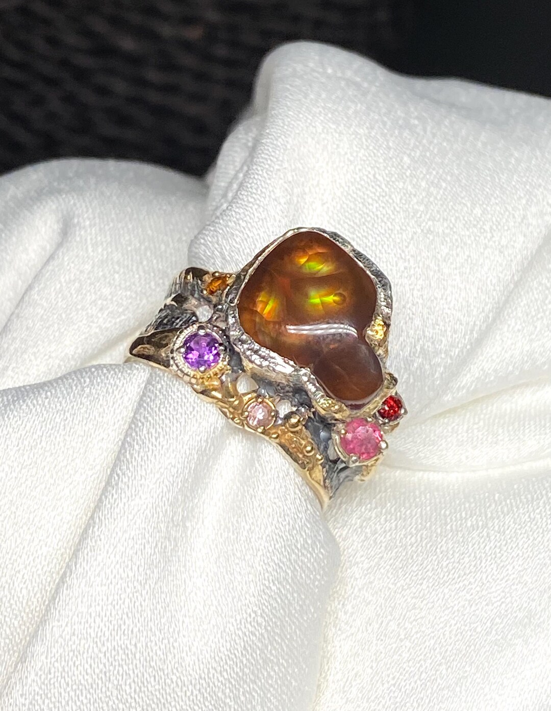 Mexican Fire Agate Gemstone Ring With Gold Accents - Artisan Handmade ...