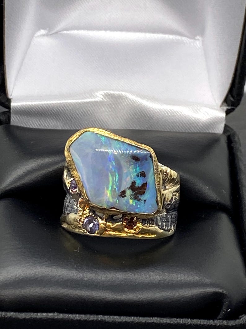 Australian Opal Statement Ring: Handmade Sterling Silver, Gold Accents ...