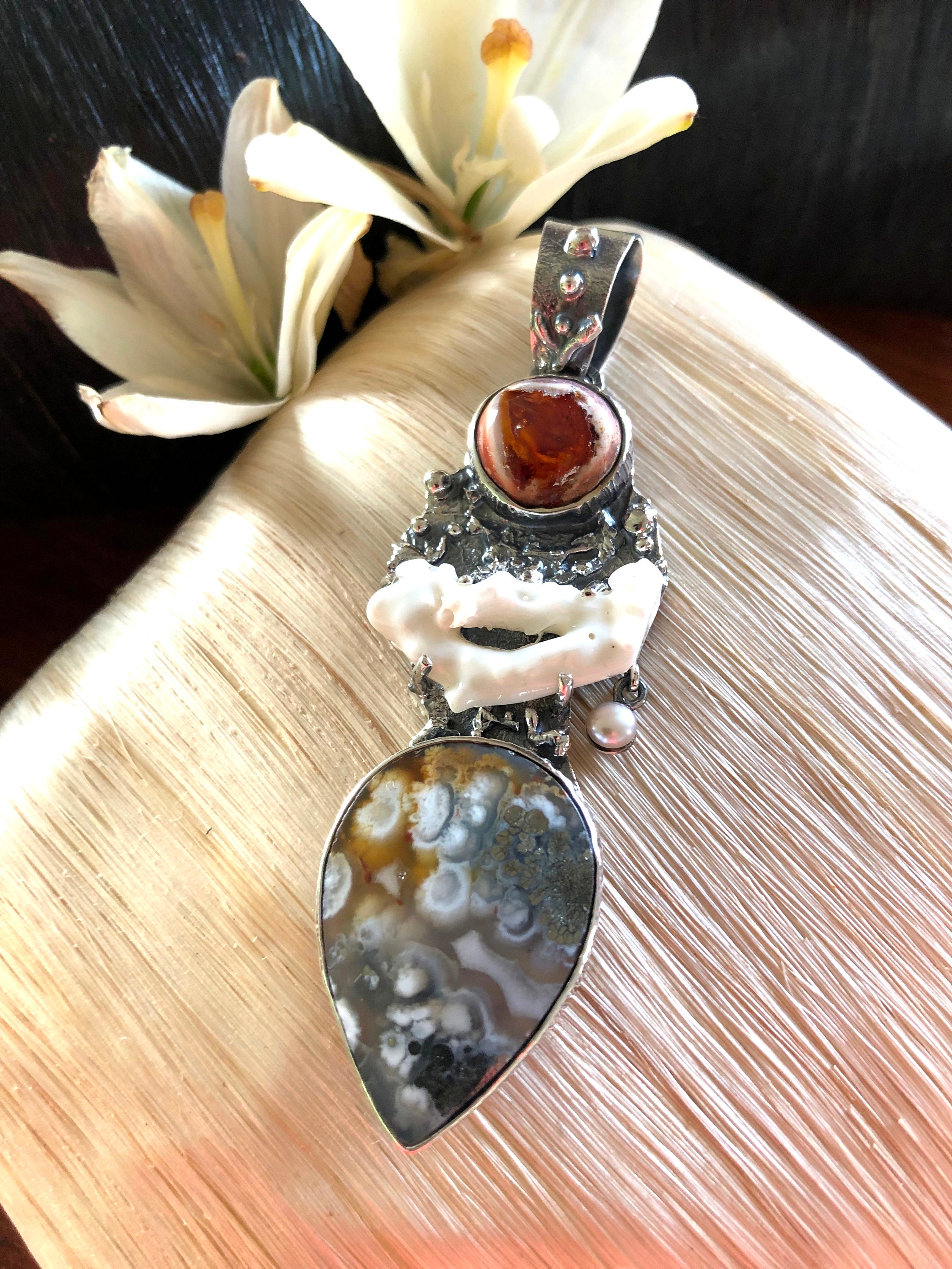 Marcasite Agate and White Coral Opal Pendant Unique Metal - Etsy