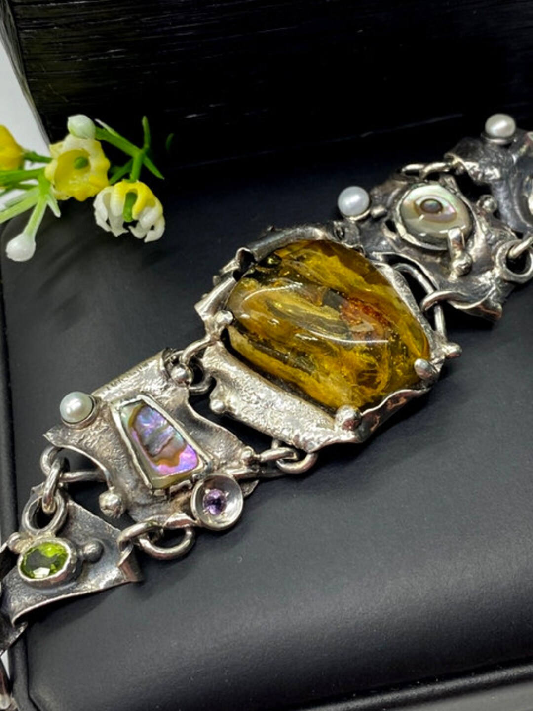 Amber With Abalone Shell Bracelet - Chunky Bracelet - Artisan ...