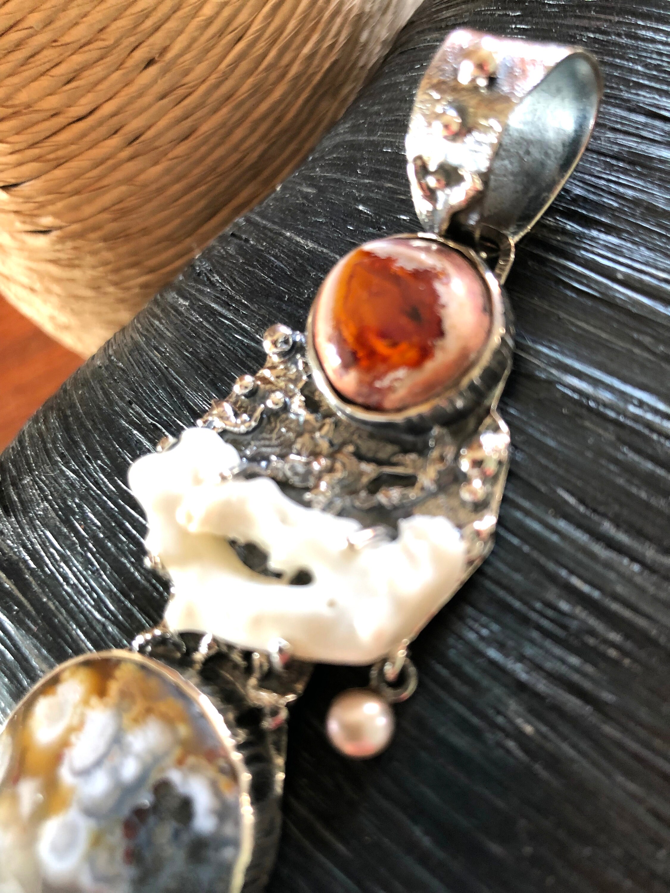 Marcasite Agate and White Coral Opal Pendant Unique Metal - Etsy