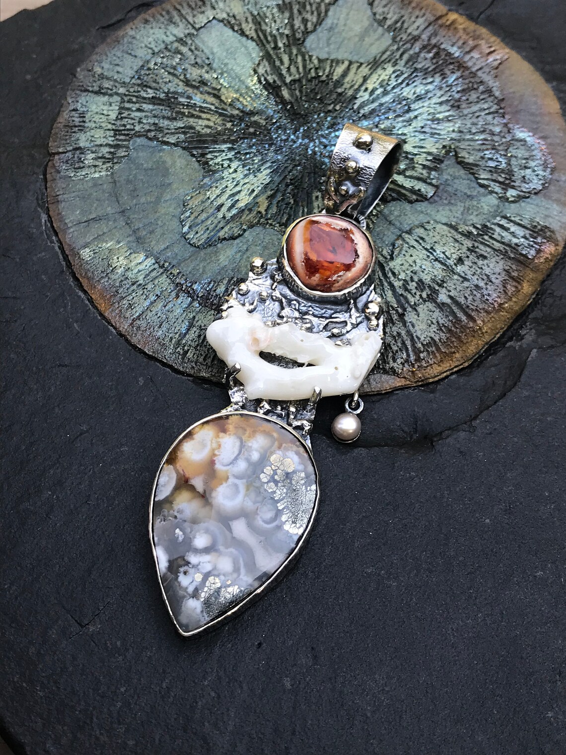 Marcasite Agate and White Coral Opal Pendant Unique Metal - Etsy