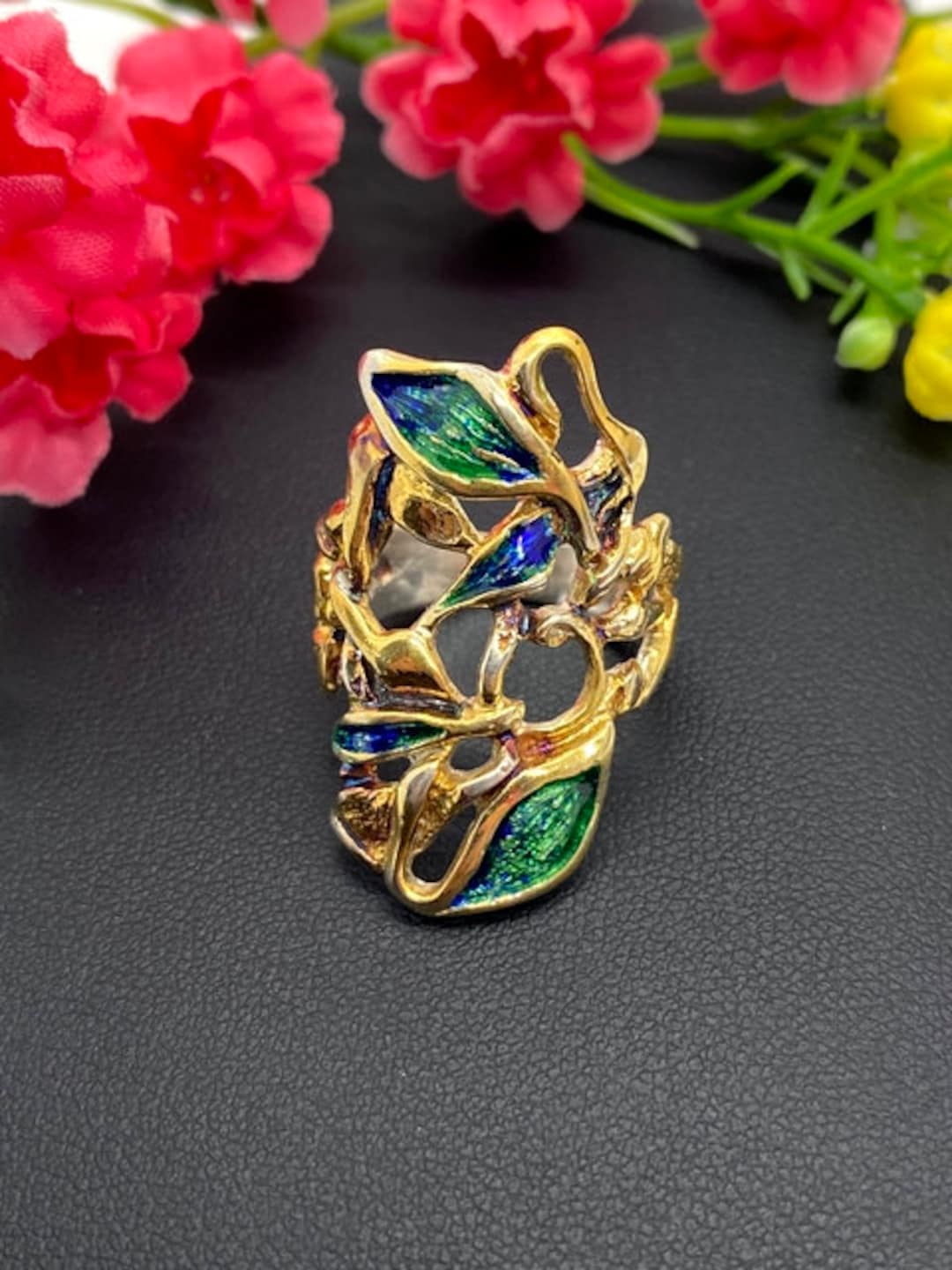 Beautiful Enamel Ring in Sterling Silver With Gold Accents - Artisan ...