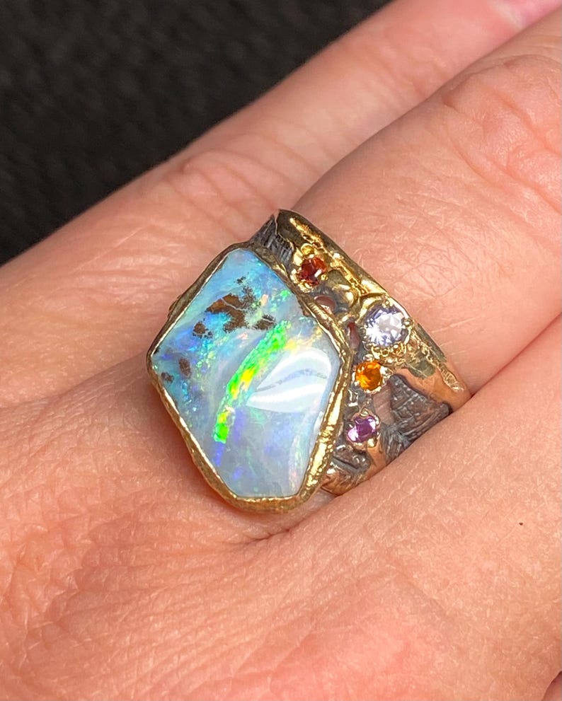 Australian Opal Statement Ring: Handmade Sterling Silver, Gold Accents ...