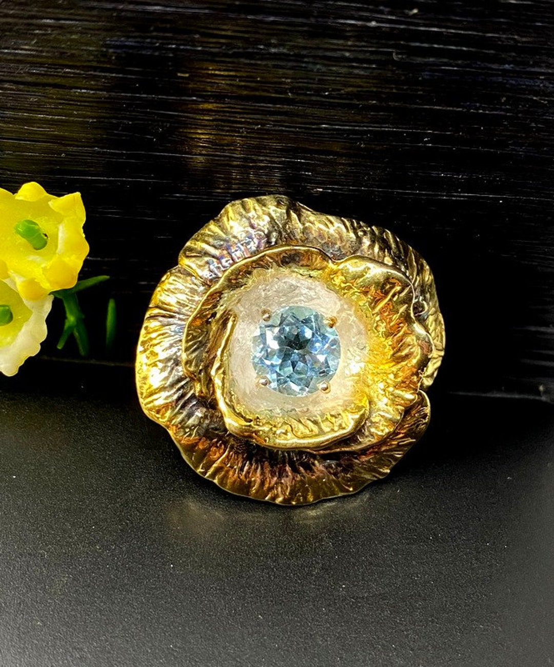 Flower Blue Topaz Ring With Gold Accents - Artisan Statement Ring ...