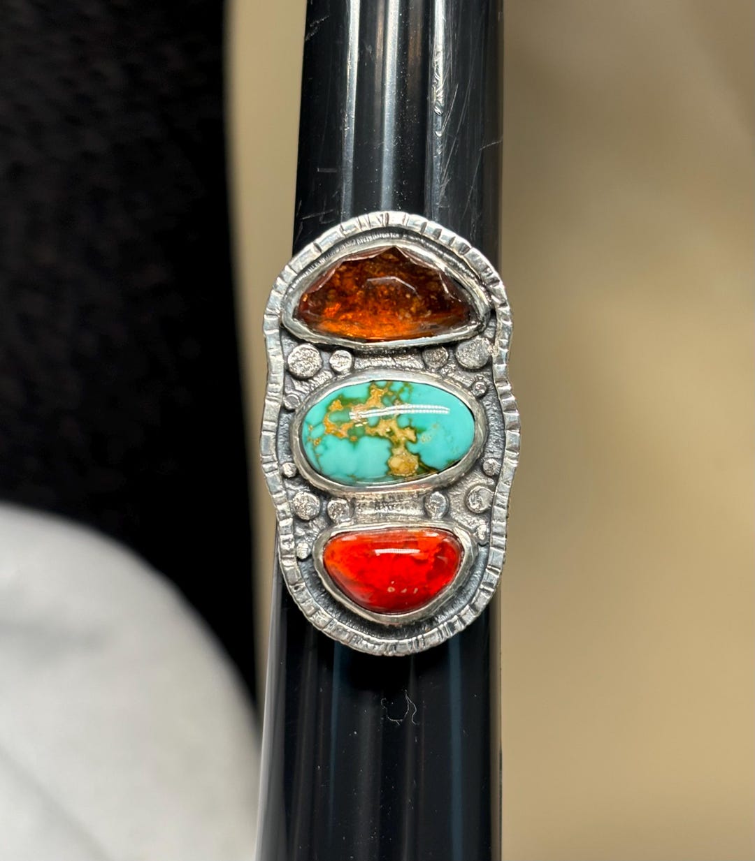 Turquoise, Mexican Opal & Fanta Garnet Ring: Handmade Sterling Silver ...