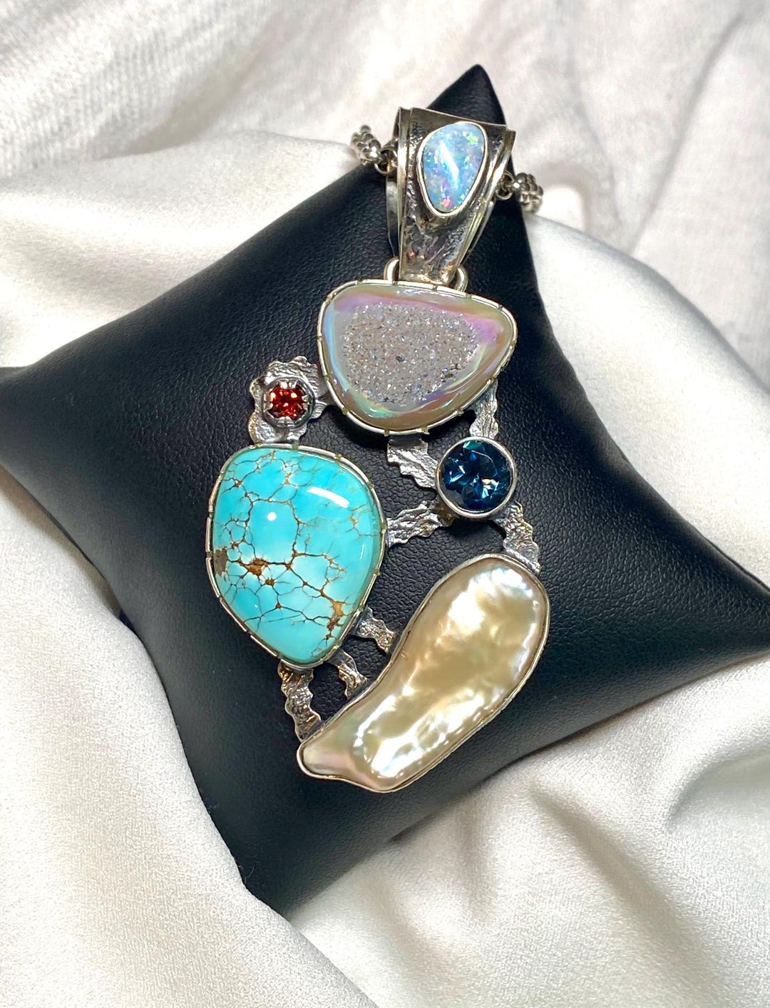 Amazing Turquoise With Pearl and Druzy Gemstone Pendant - Artisan ...