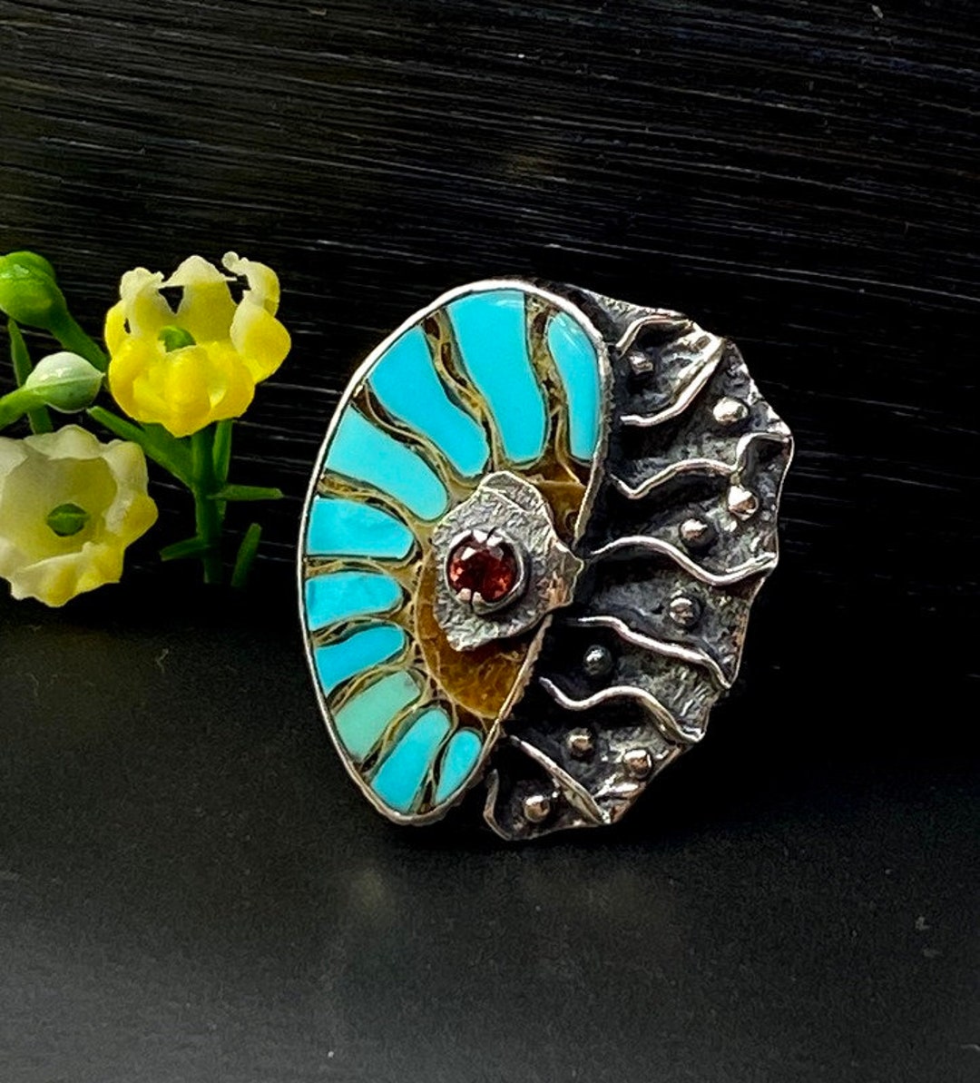 Ammonite Inlaid With Turquoise Ring Artisan Handmade Ring Alena Zena ...
