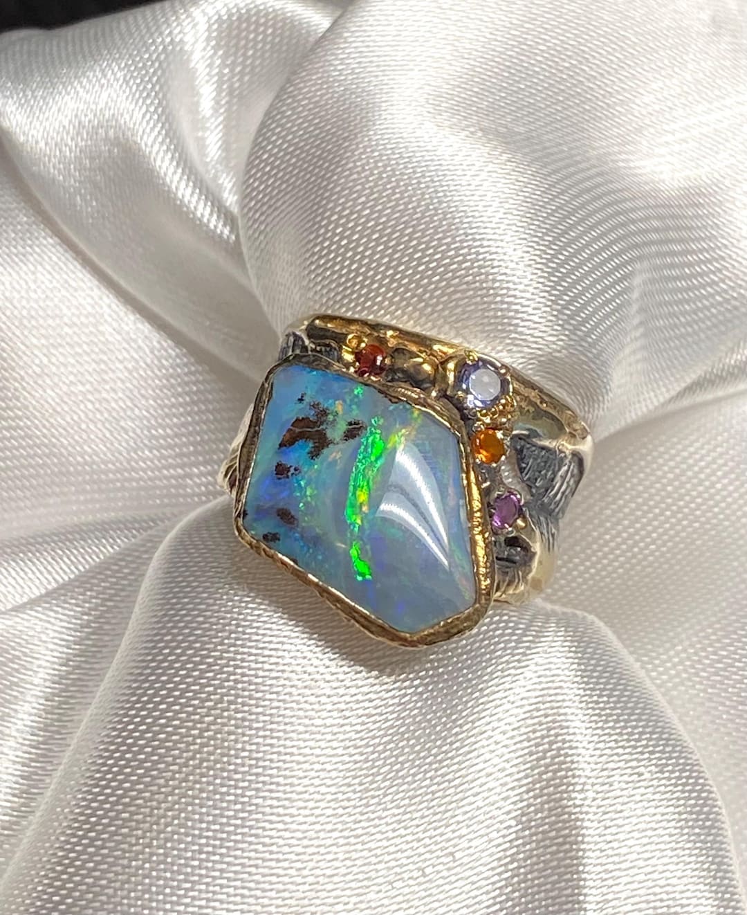 Australian Opal Statement Ring: Handmade Sterling Silver, Gold Accents ...