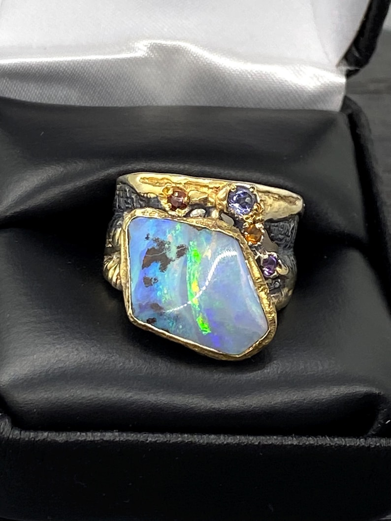 Australian Opal Statement Ring: Handmade Sterling Silver, Gold Accents ...