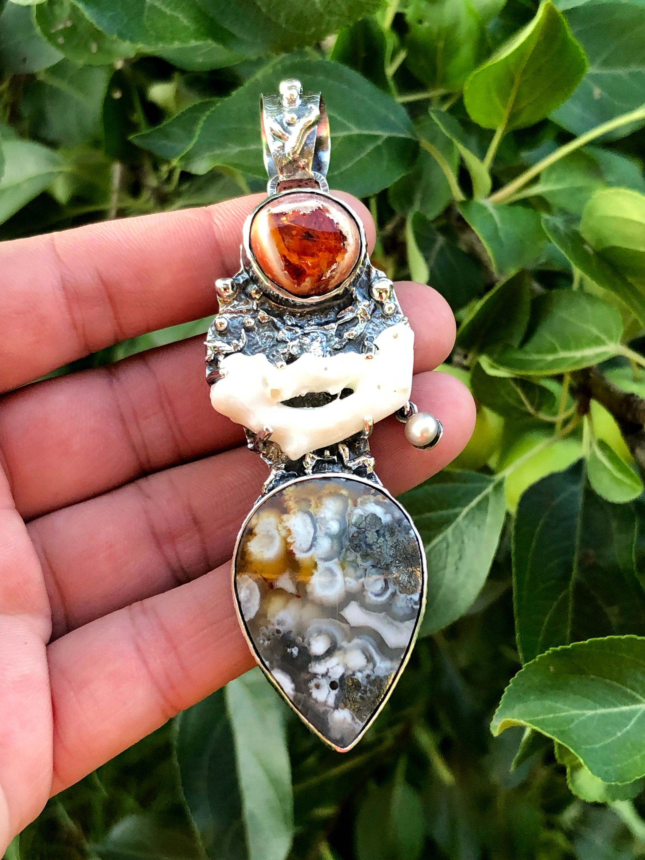 Marcasite Agate and White Coral Opal Pendant Unique Metal - Etsy