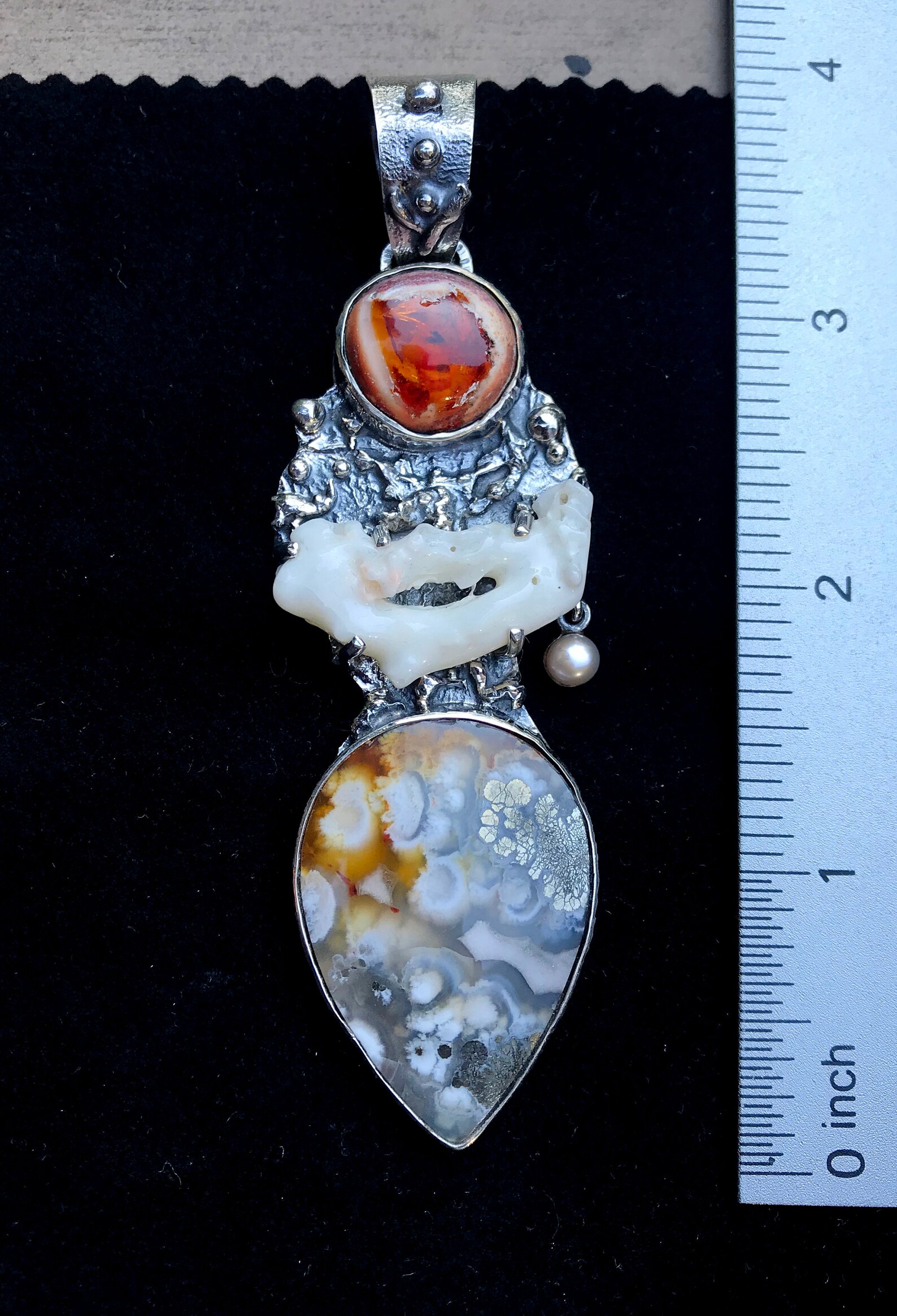 Marcasite Agate and White Coral Opal Pendant Unique Metal - Etsy