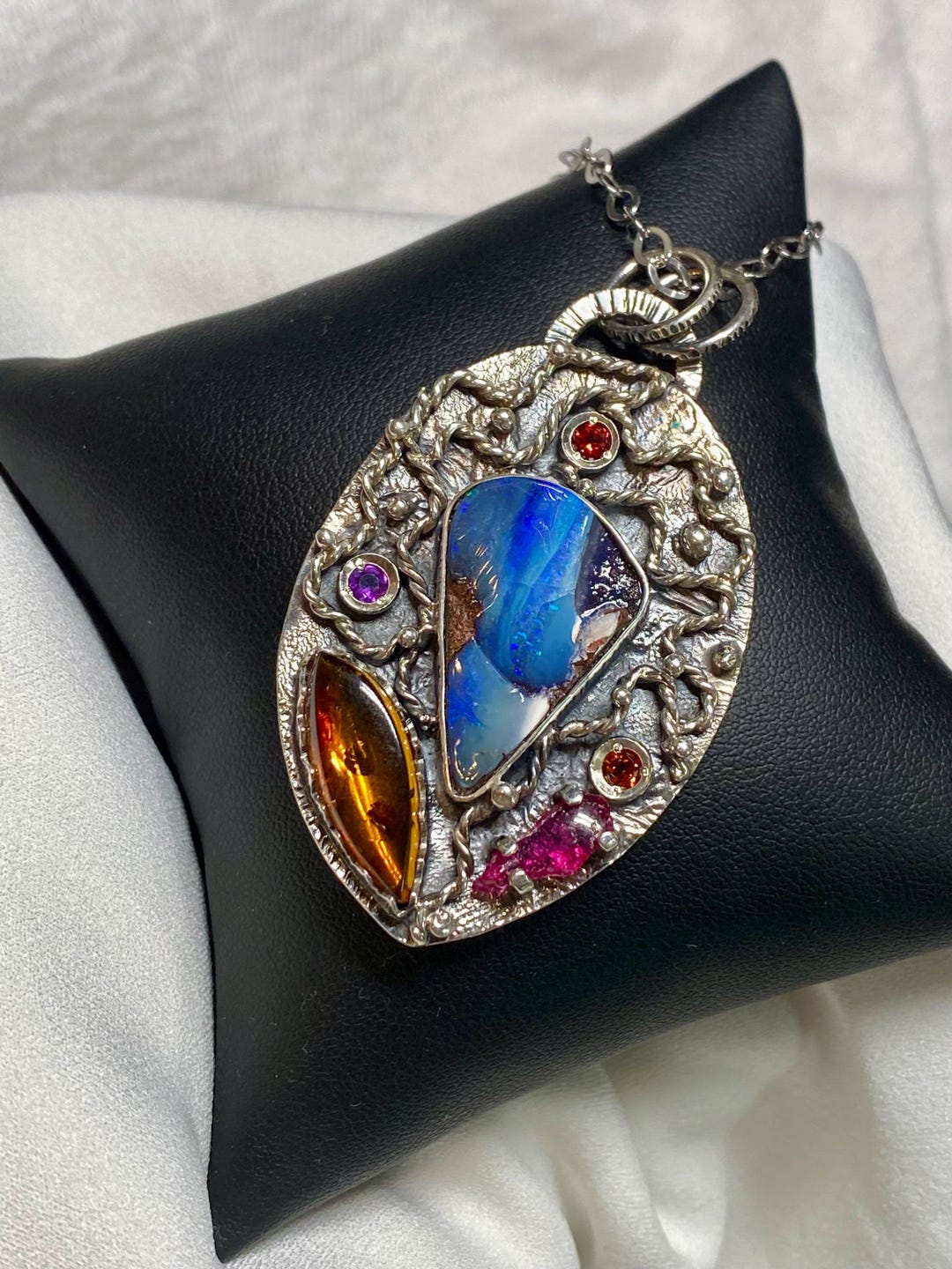 Australian Opal & Amber Necklace: Handcrafted Sterling Silver Gemstone ...
