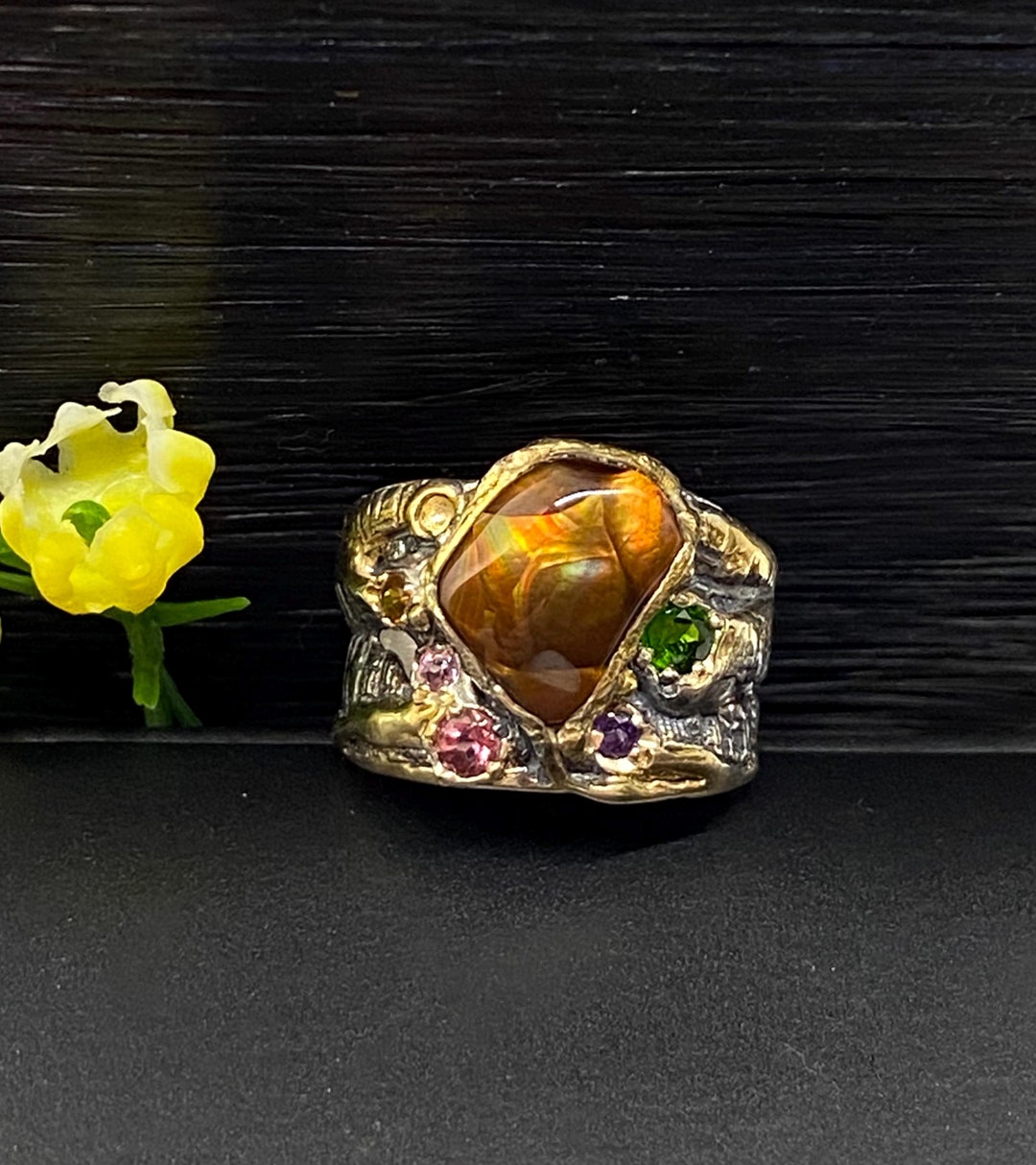 Mexican Fire Agate Ring With Gold Accents - Artisan Handmade Ring - Statement Gemstone Ring ...