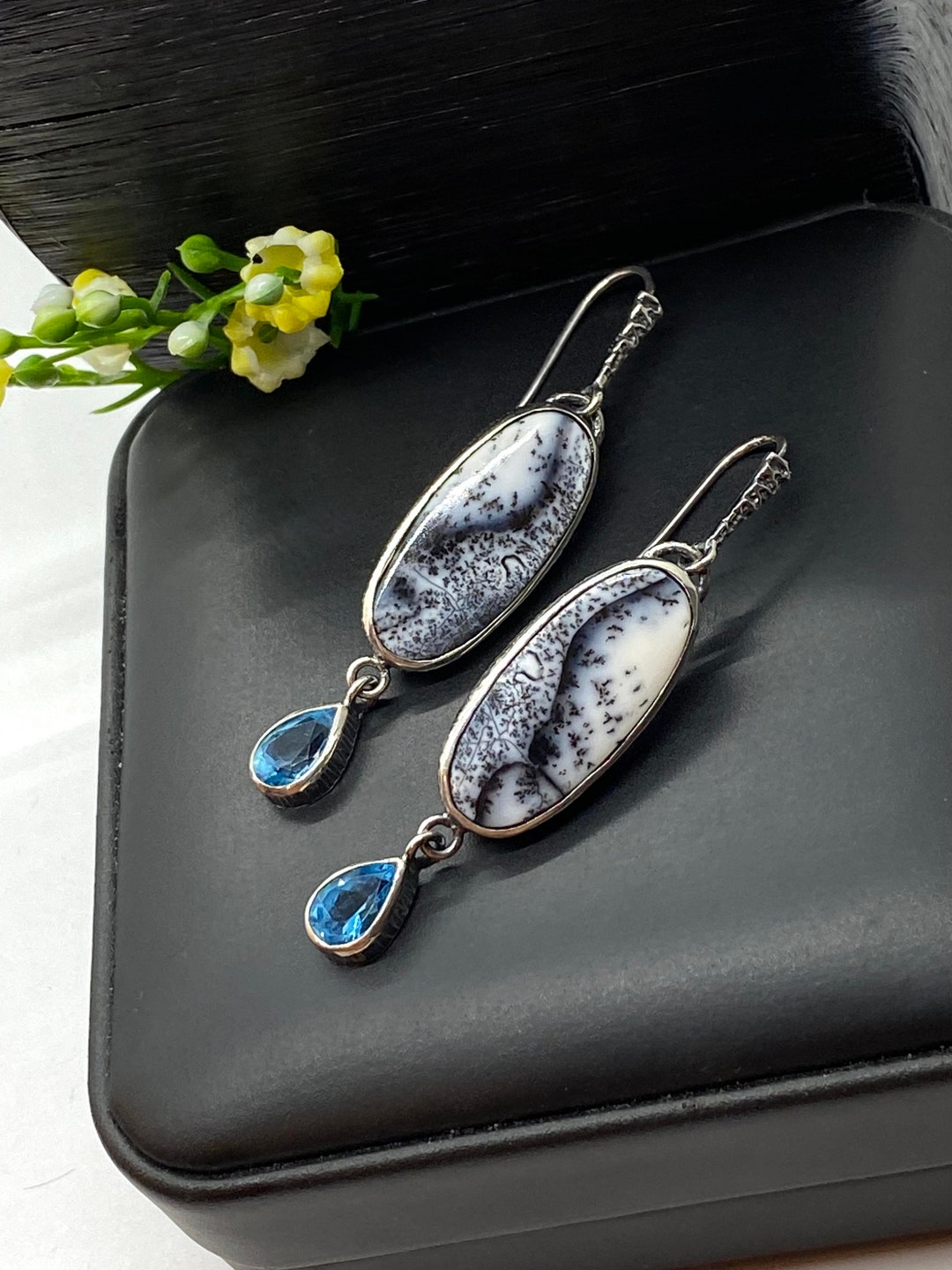 Opalized Dendritic Agate With Blue Topaz Earrings - Artisan Gemstone ...