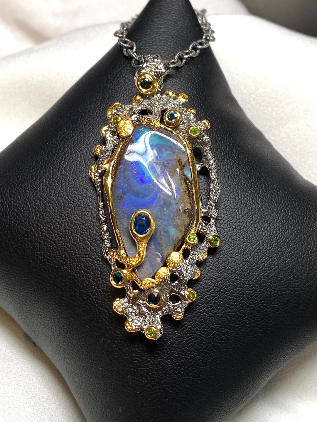 Australian Opal With Blue Sapphire Pendant - Artisan Gemstone Pendant ...