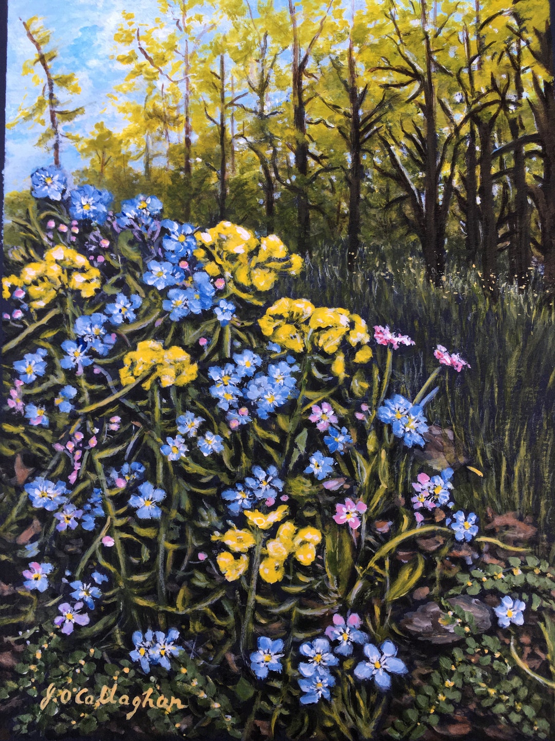 Patch of Forget-me-nots Original Acrylic on 3 Ply Matboard Rigid Ready ...