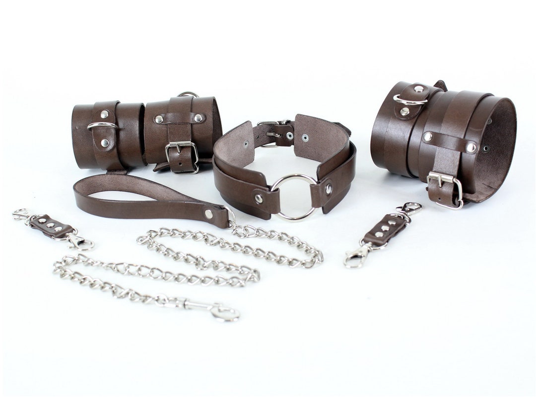 SET braune Handschellen Fußfesseln Halsband und Leine-Heavy duty ...