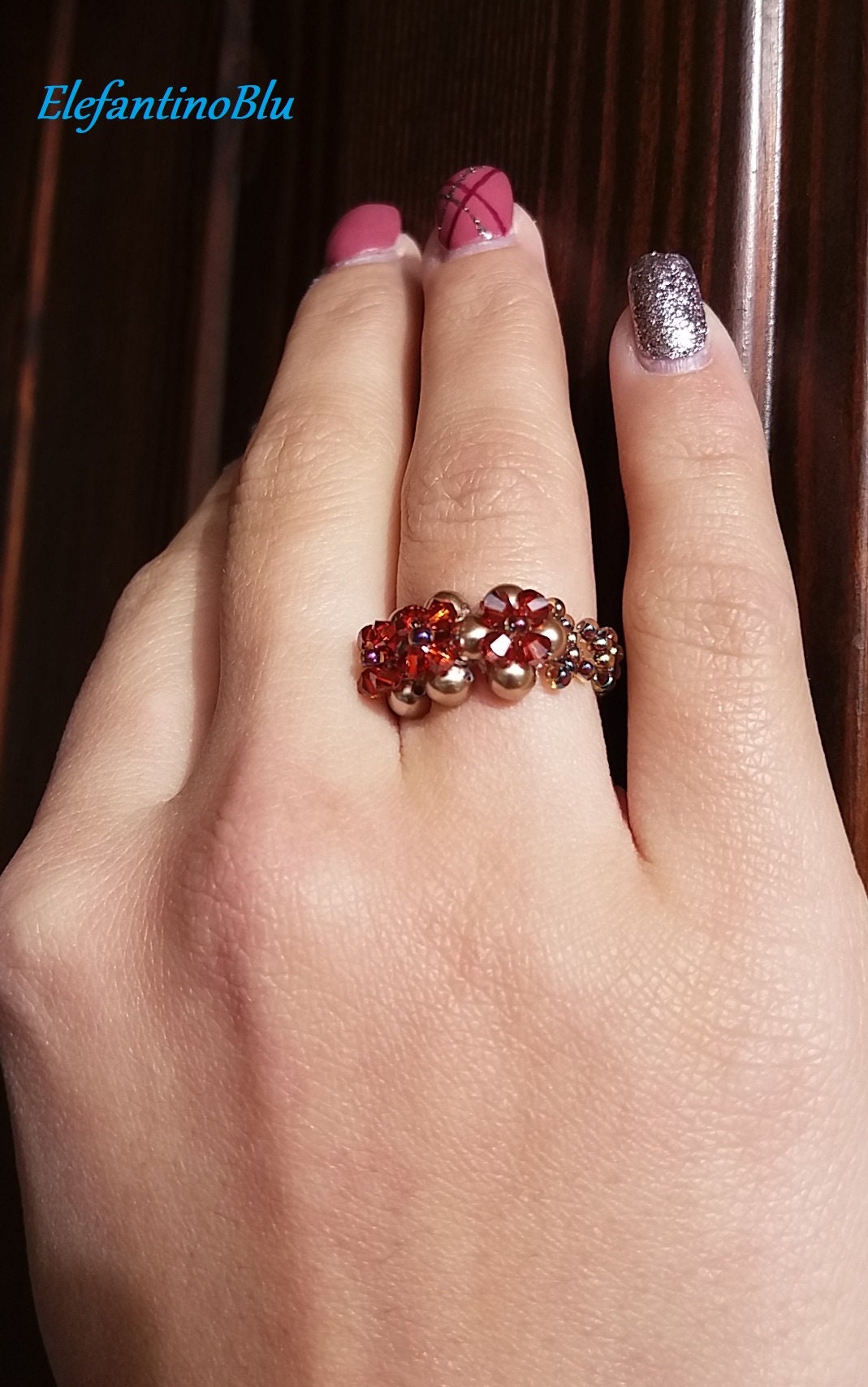 Swarovski Gold Red Ring, With Bronze Pearls and Magma Red Crystals ...