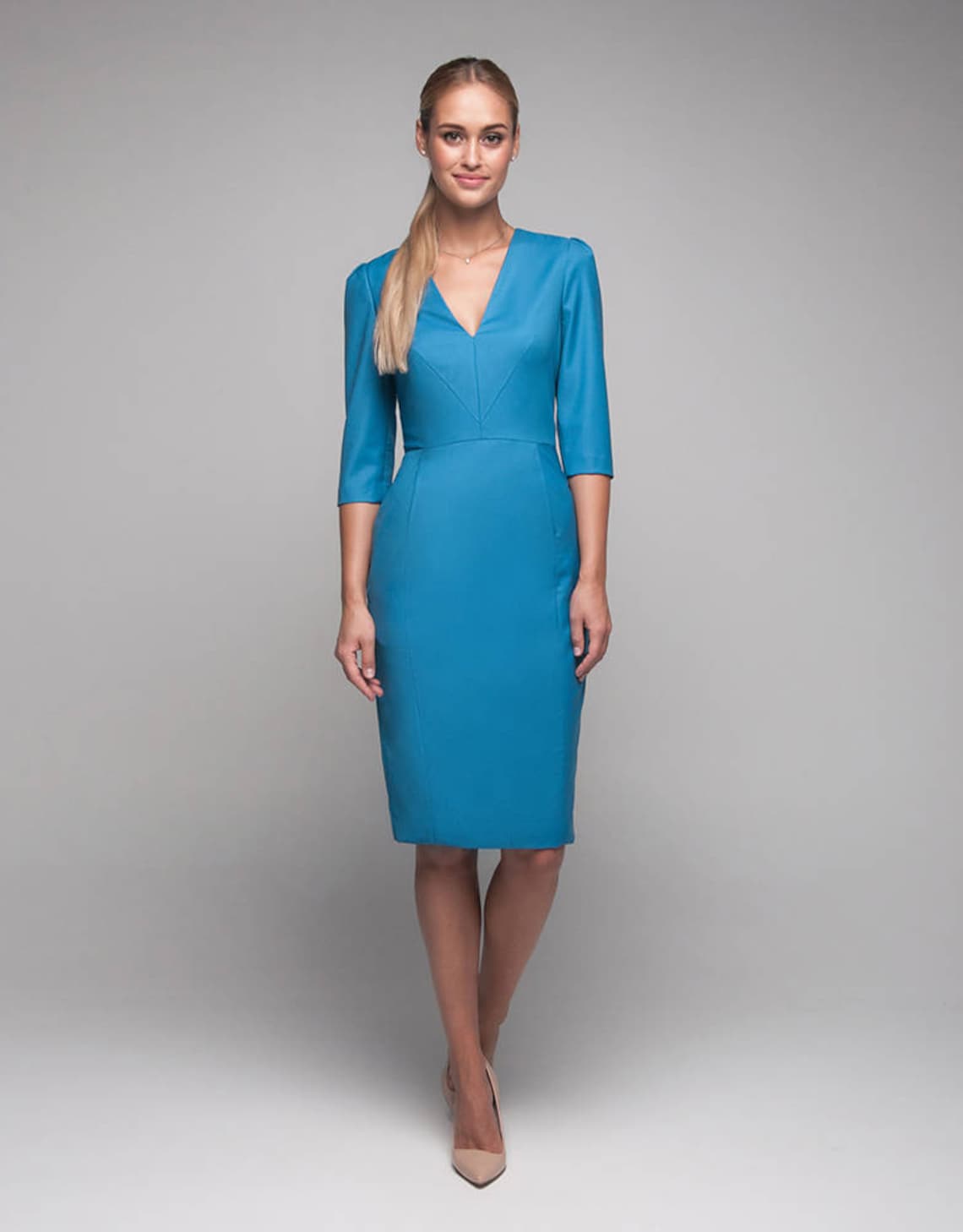 Wool Dress, Blue Dress, Office Dress, Midi Prom Dress, V-neck Dress ...