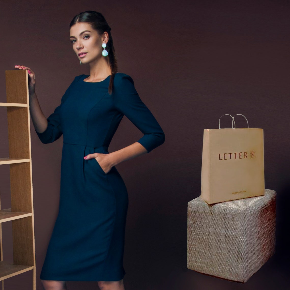 Wool Dress, Dark Blue Pencil Dress With Pockets, Navy Wool Sheath Dress ...