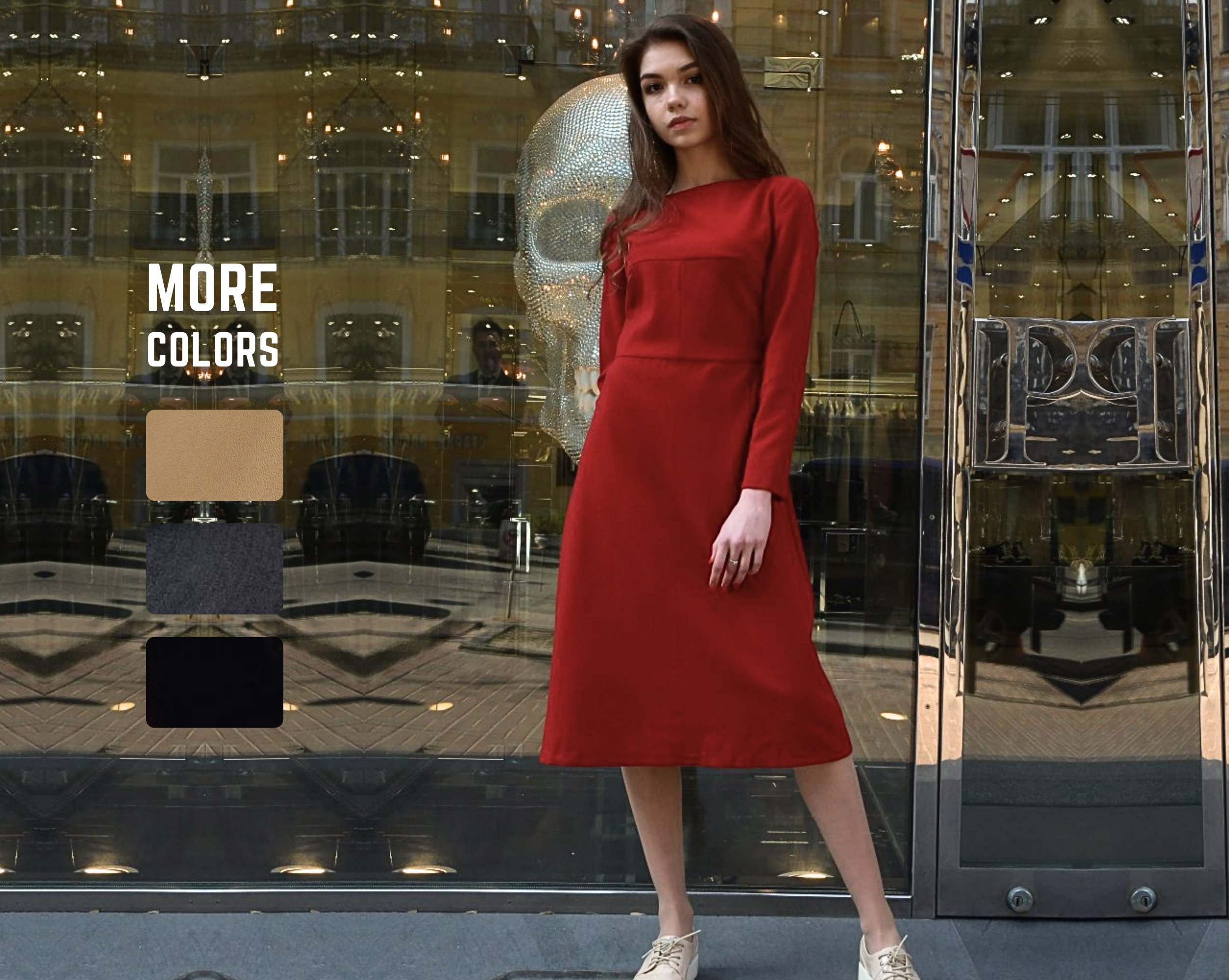 Red Wool A-line Dress, Office Dress, Business Dress, Fit and Flare ...