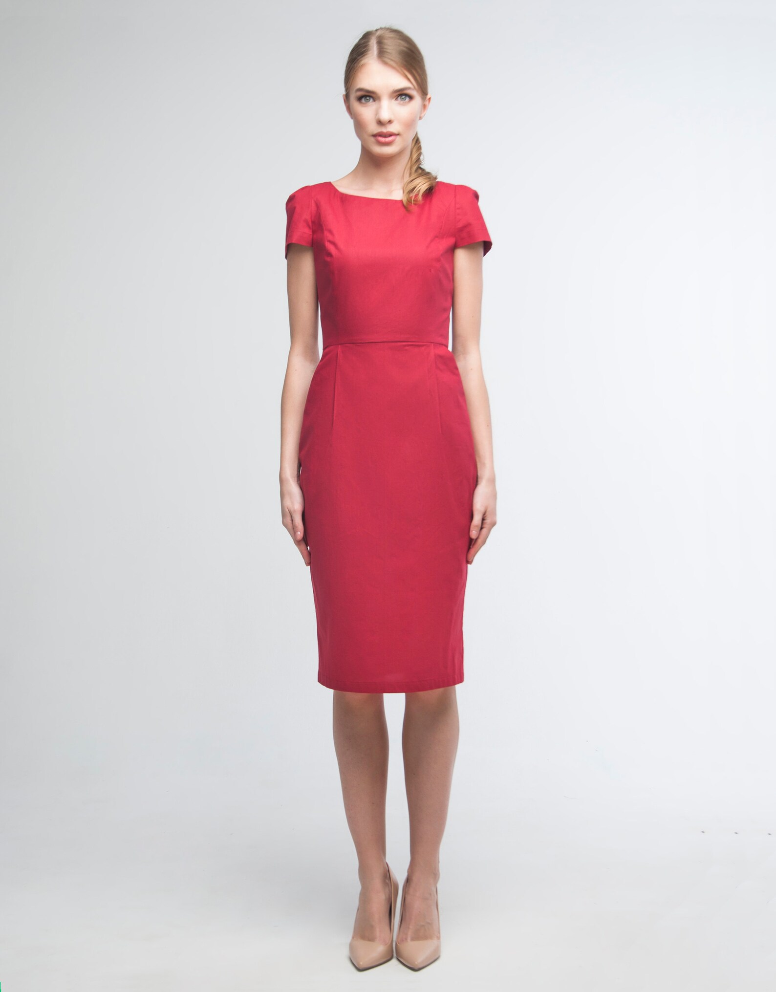 Red Wedding Guest Dress, Office Dress, Midi Dress, Fitting Dress ...