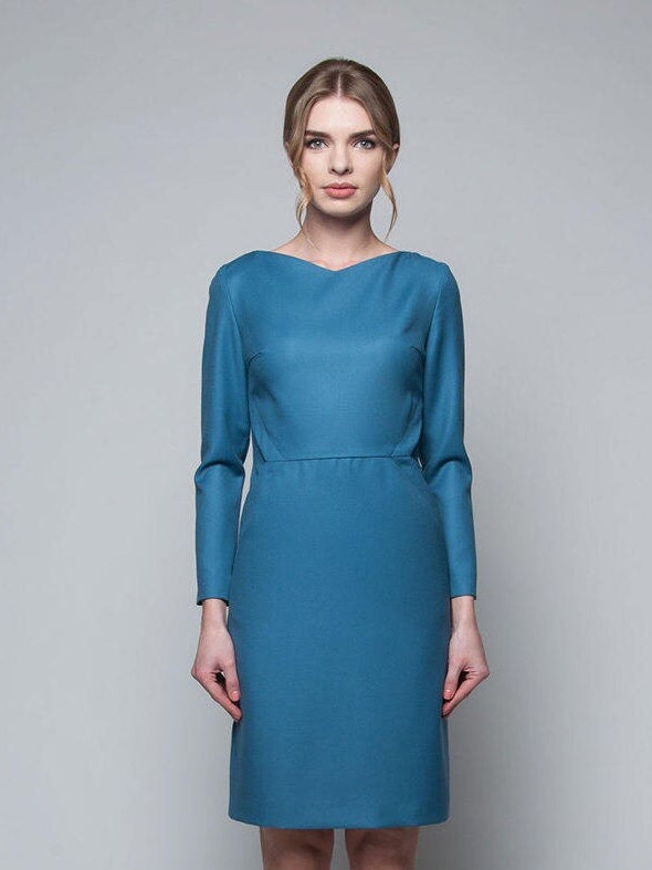 Blue Wool Dress With Pockets, Straight Fit Dress, Office Dress, V-neck ...