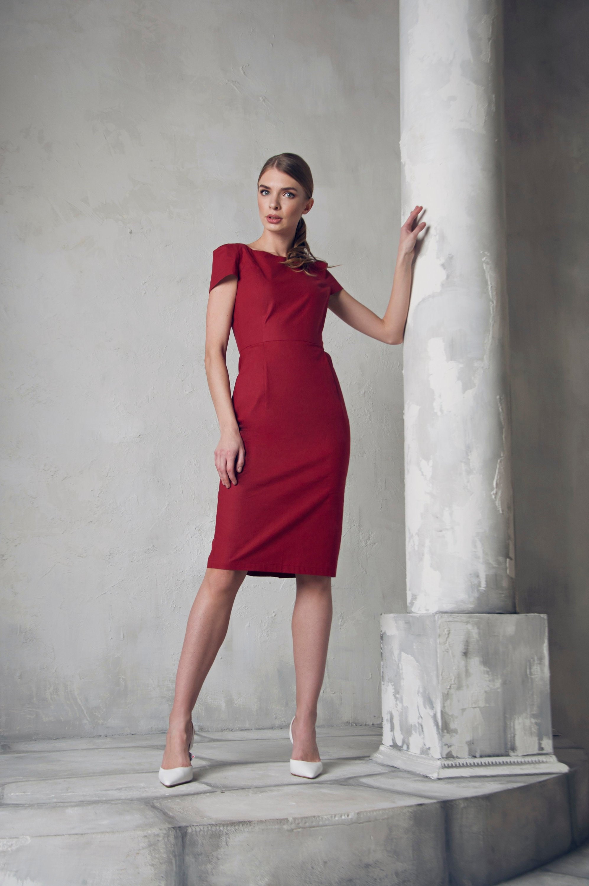 Red Wedding Guest Dress, Office Dress, Midi Dress, Fitting Dress ...