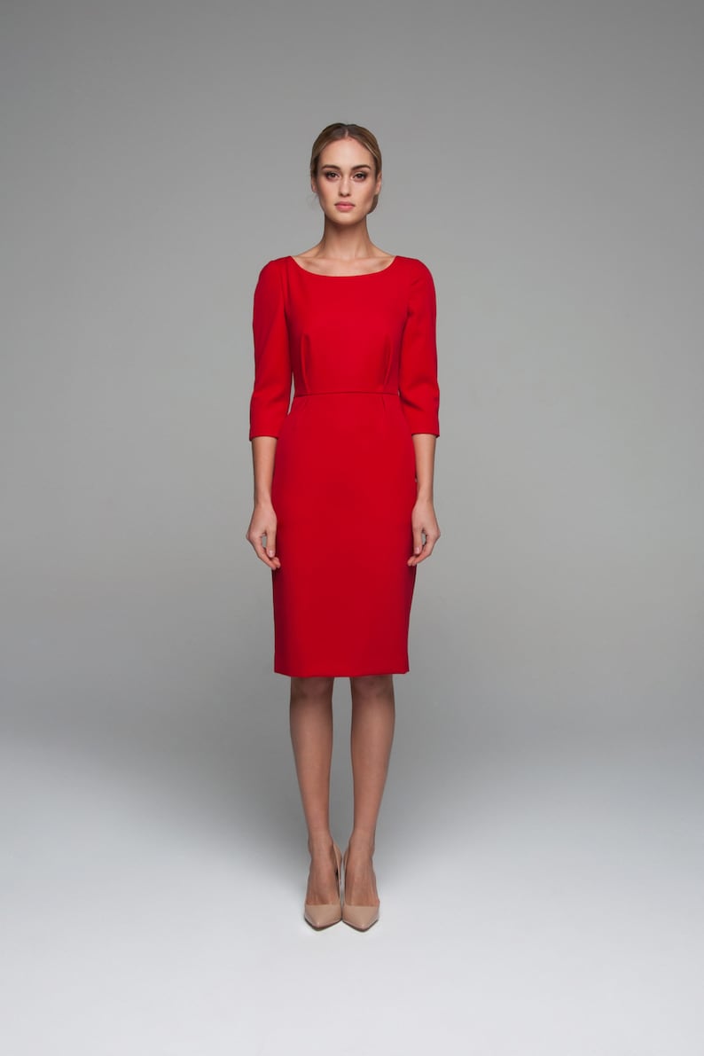 Red Wool Dress, Business Dress, Elegant Dress, Cocktail Dress, Vintage ...
