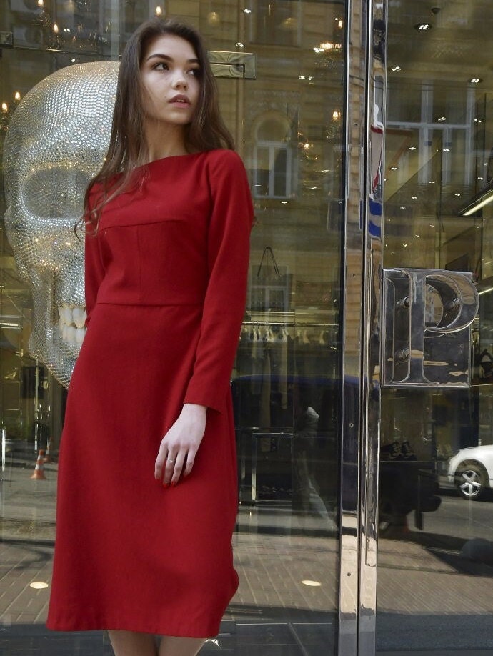 Red Wool A-line Dress, Office Dress, Business Dress, Fit and Flare ...