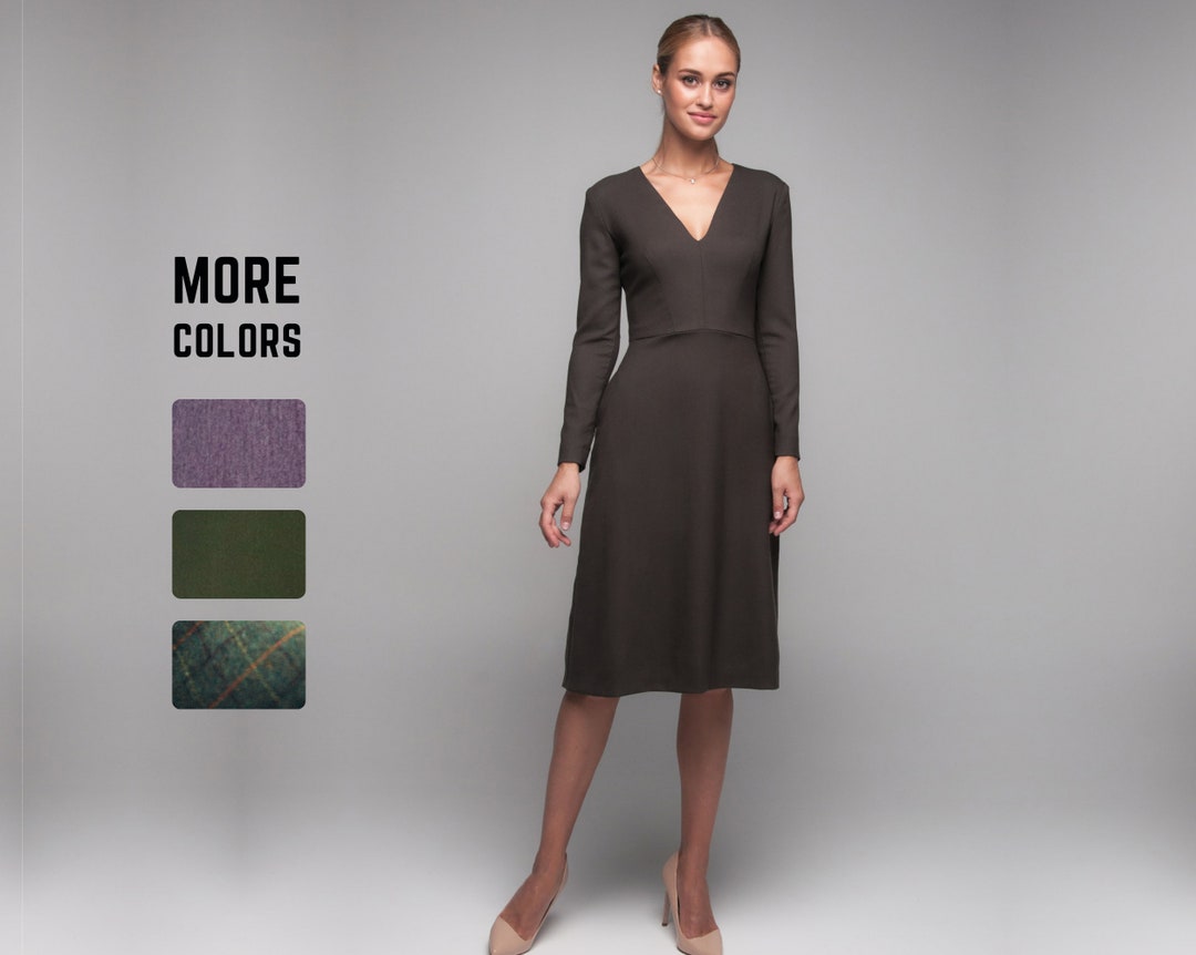 Brown Wool V-neck Dress Office Dress Vintage Dress Plus - Etsy