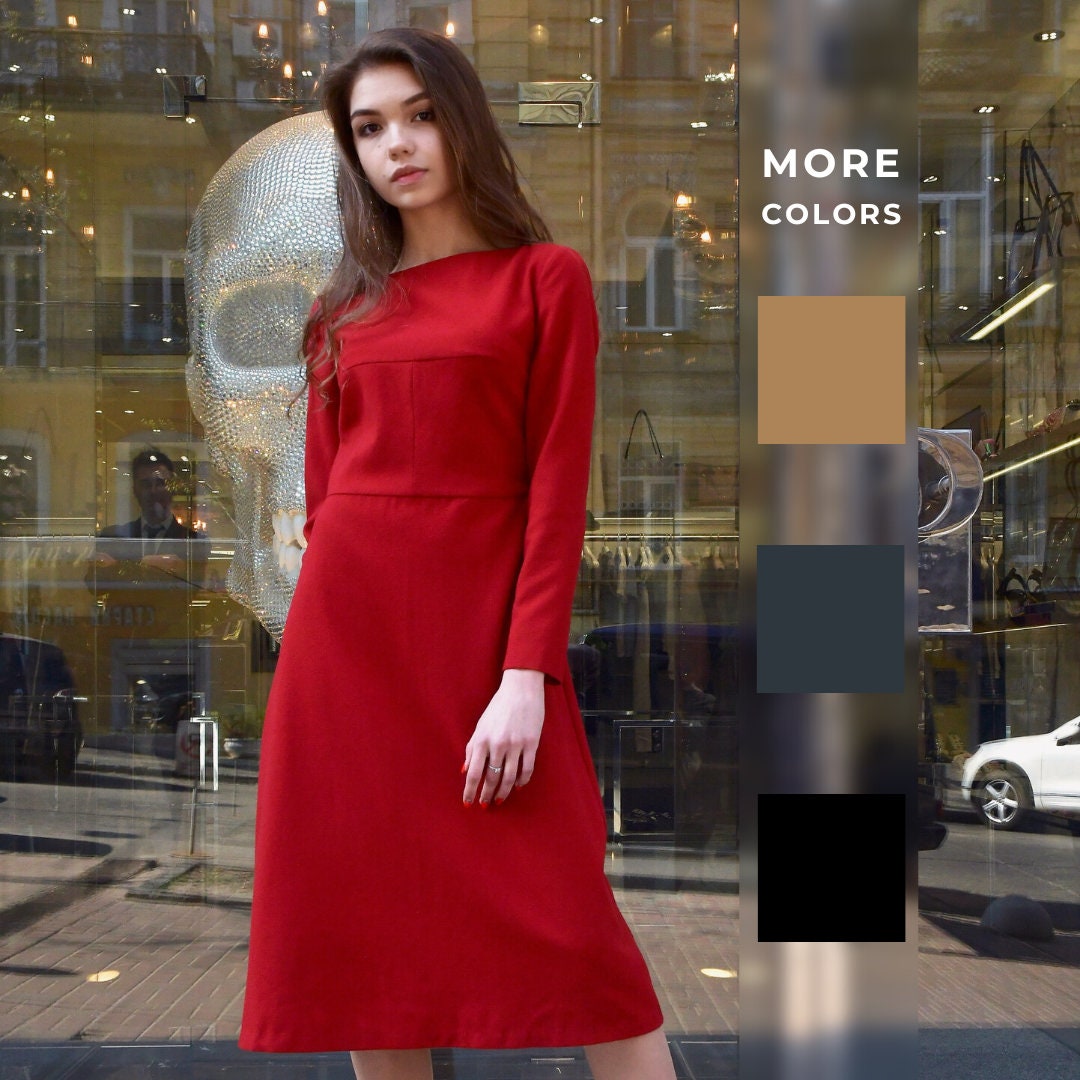 Red Wool A-line Dress Office Dress Business Dress Fit and - Etsy