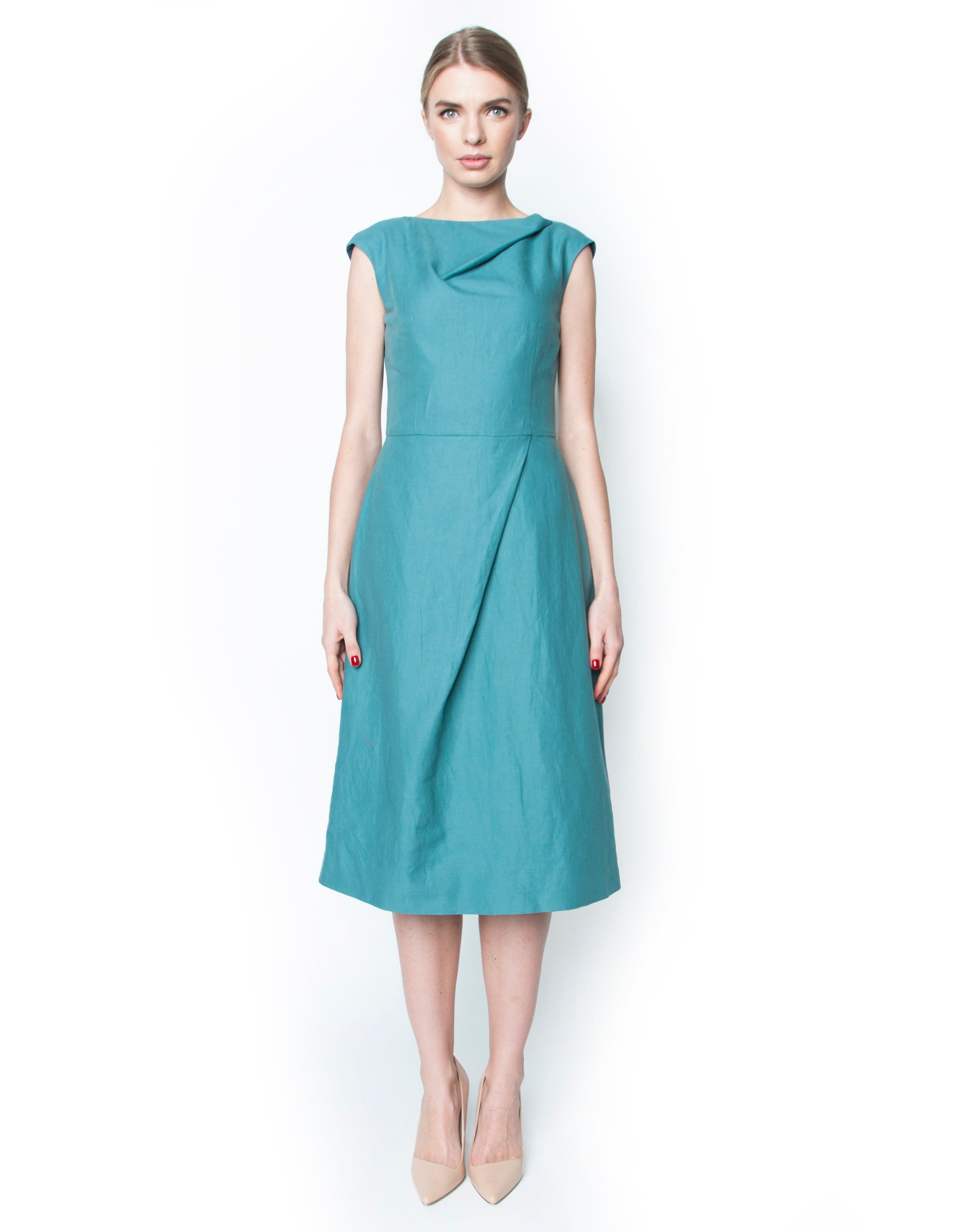 Blue Wedding Guest Linen Dress, Blue Dress With Cotton Lining and Wide ...