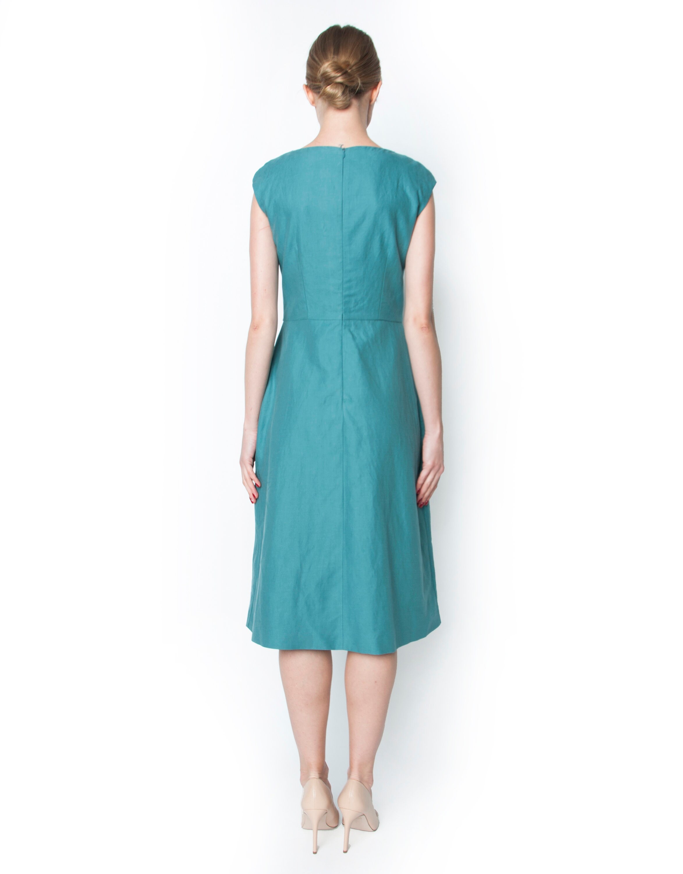 Blue Wedding Guest Linen Dress, Blue Dress With Cotton Lining and Wide ...