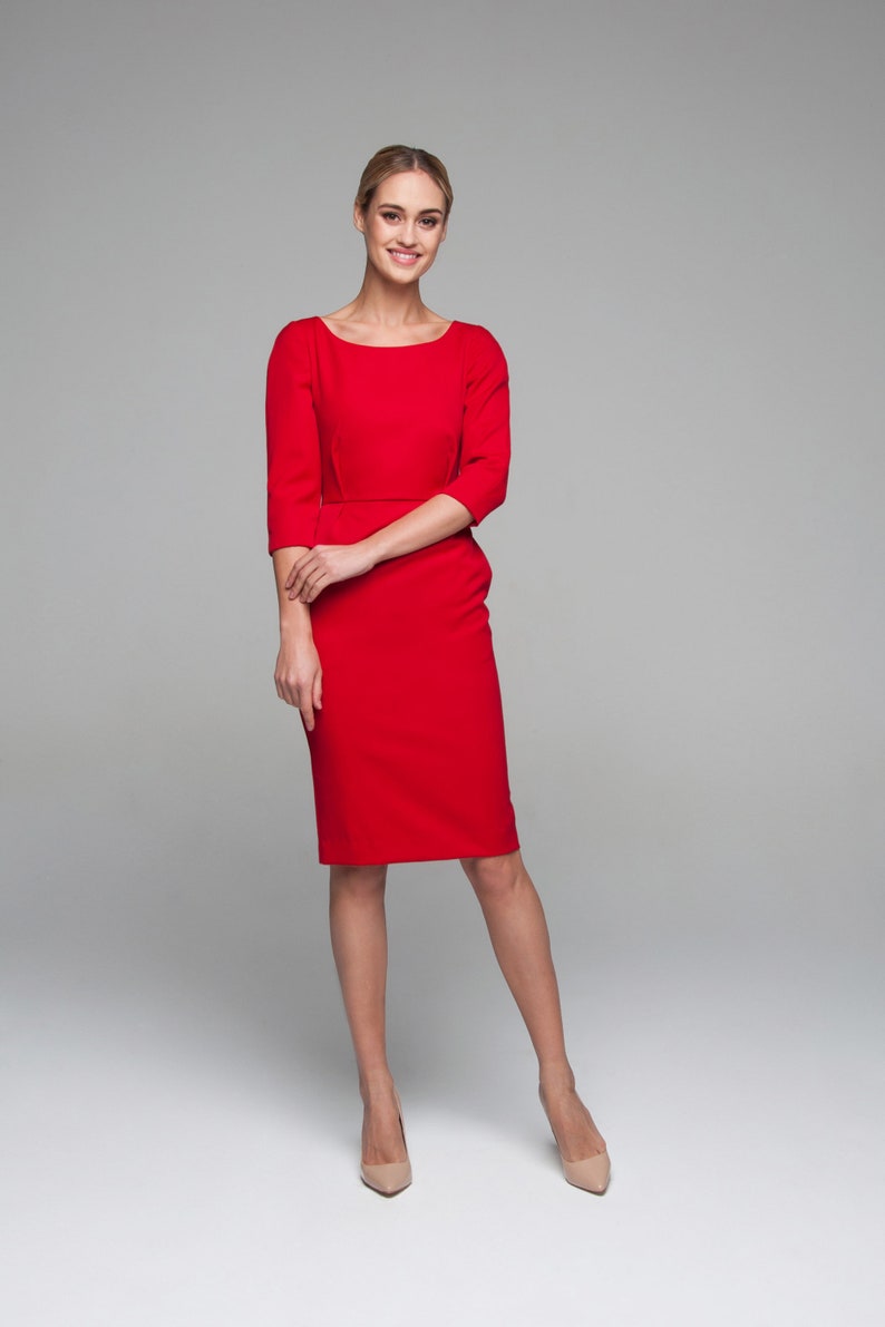 Red Wool Strict Midi Sheath Dress Sheath Dress for Work - Etsy