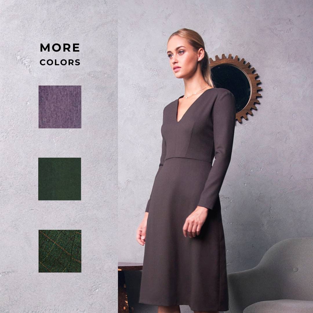 Brown Wool V-neck Dress Office Dress Vintage Dress Plus - Etsy