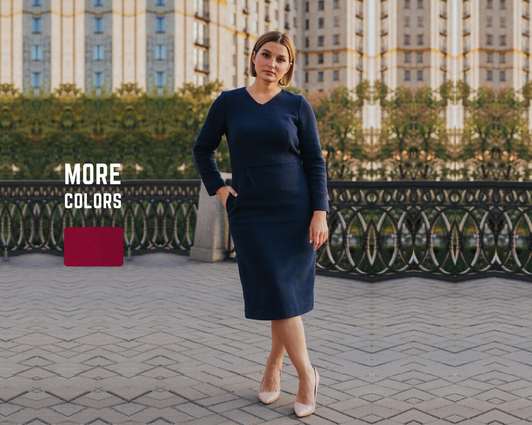 Dark Blue Plus Size Dress, Straight Knitted Office Dress, Cомfort ...