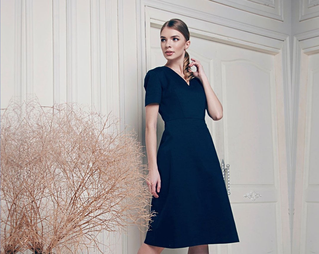 Blue Cotton Flared Dress, V-neck Summer Dress, Navy Blue Elegant ...