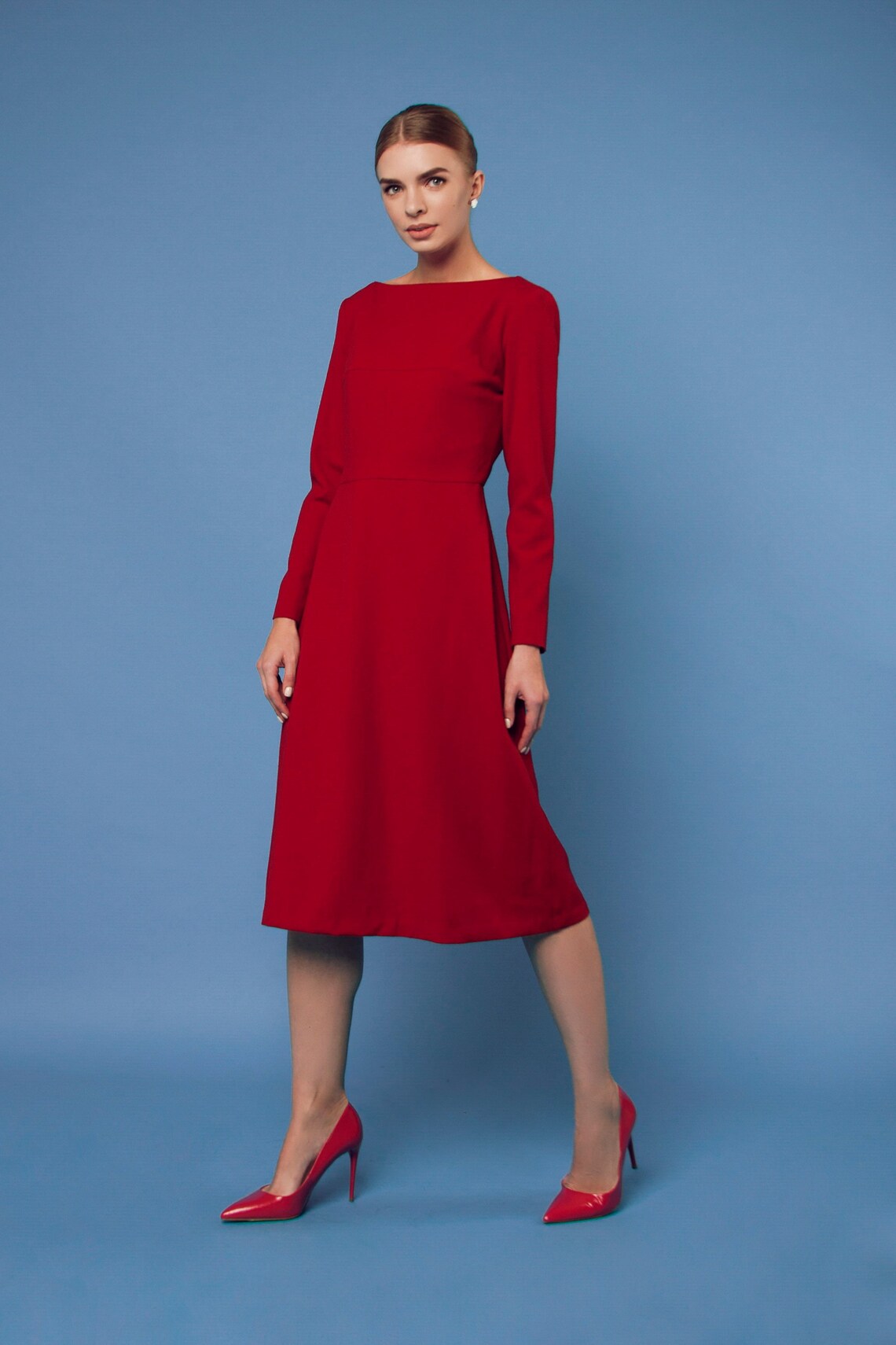 Red Wool A-line Dress, Office Dress, Business Dress, Fit and Flare ...