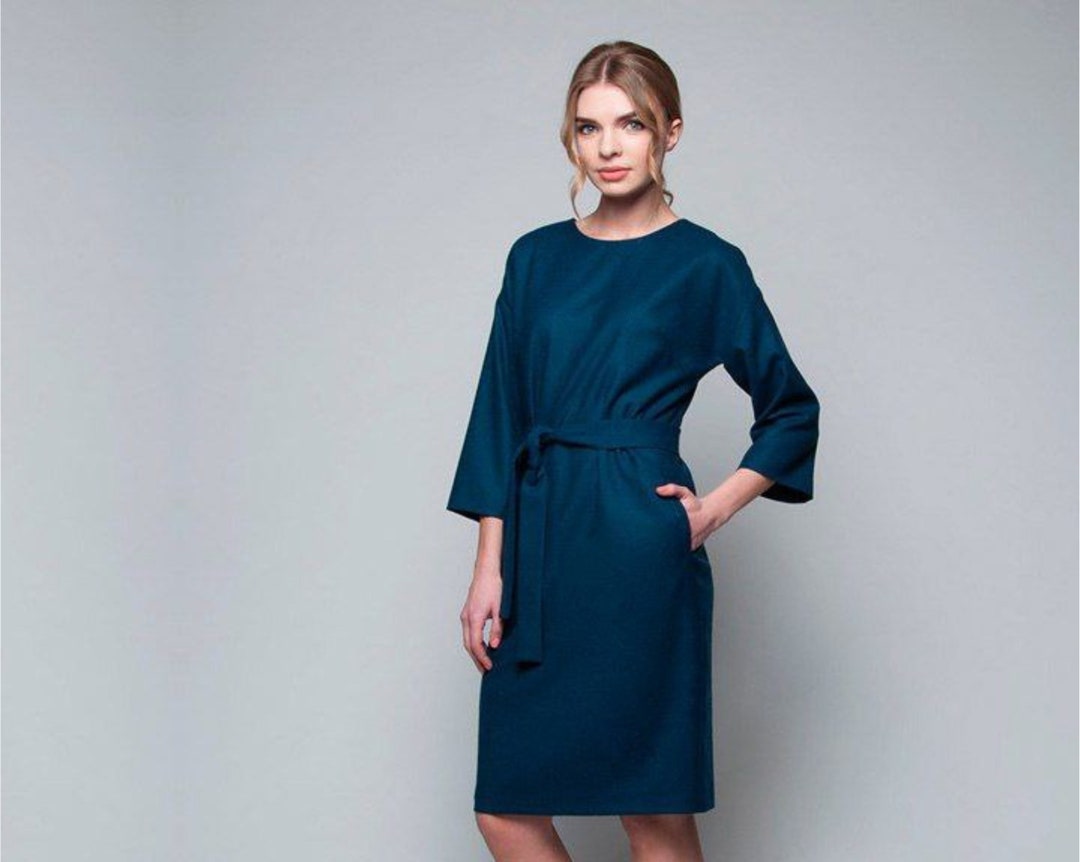 Dark Blue Warm Dress With a Belt, Wool Dress With Pockets, Comfy Winter ...