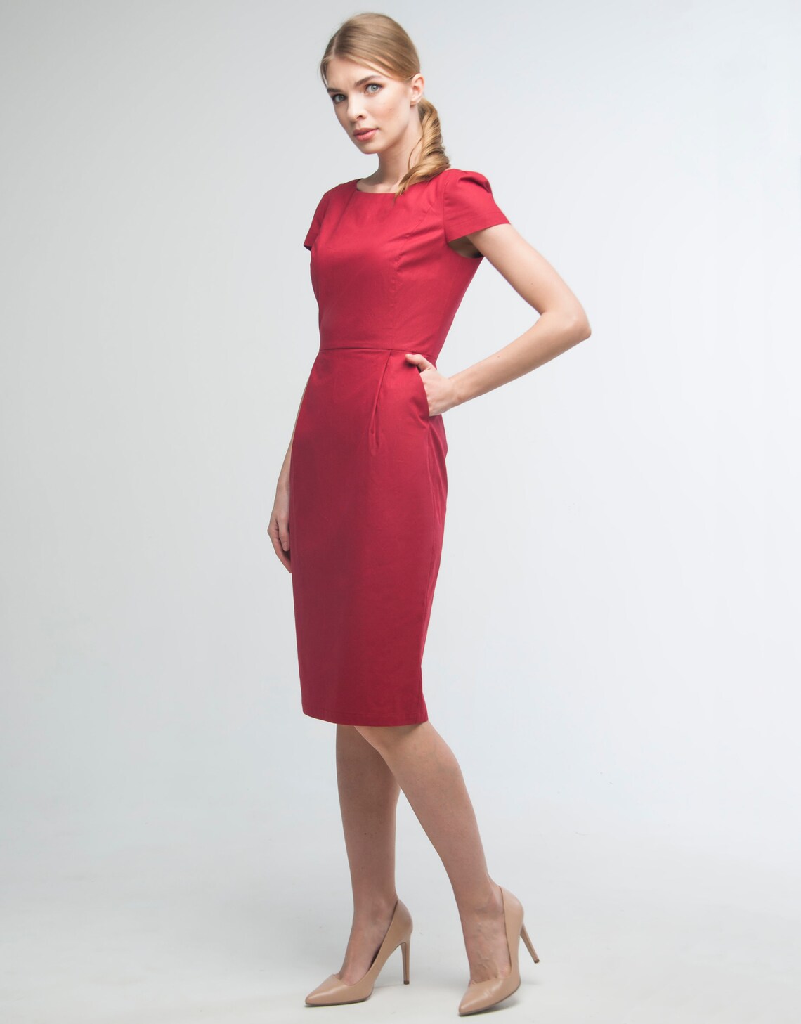 Red Wedding Guest Dress Office Dress Midi Dress Fitting | Etsy