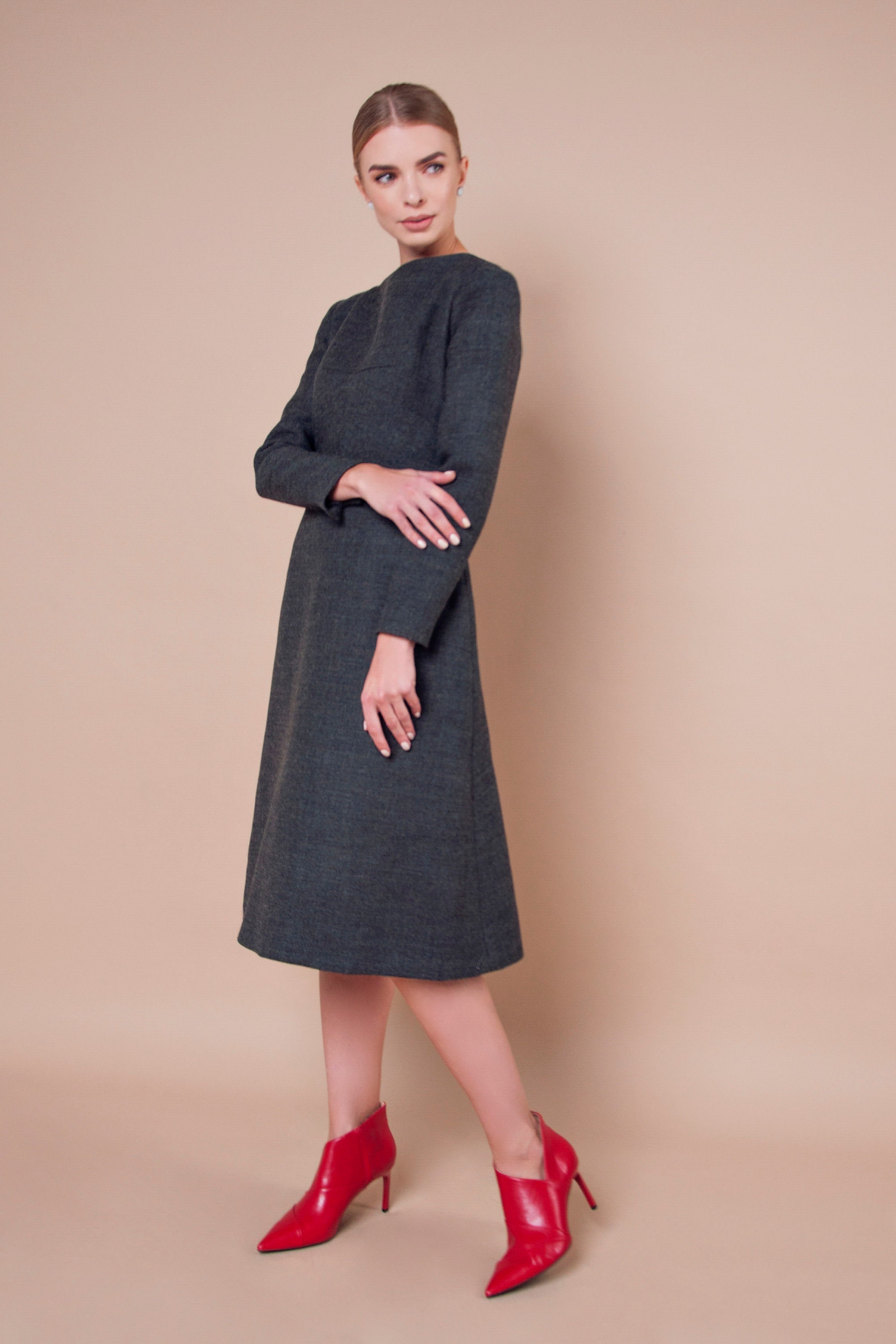 Wool dress grey dress office dress business dress fit and | Etsy