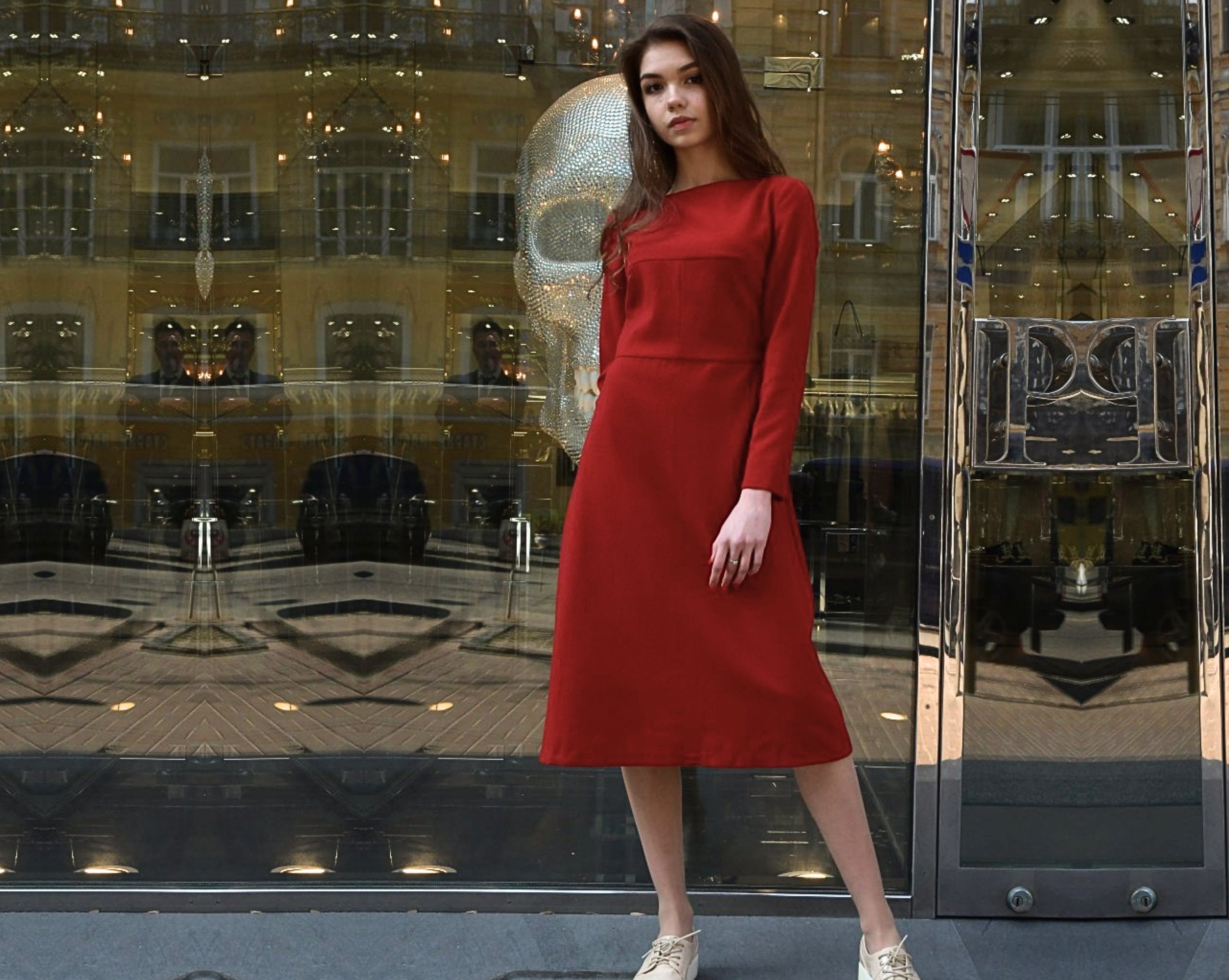 Red Wool A-line Dress, Office Dress, Business Dress, Fit and Flare ...