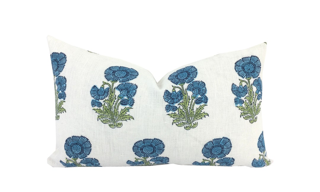 Talia Teal Blue and Green Floral Block Print Pillow Cover - Etsy