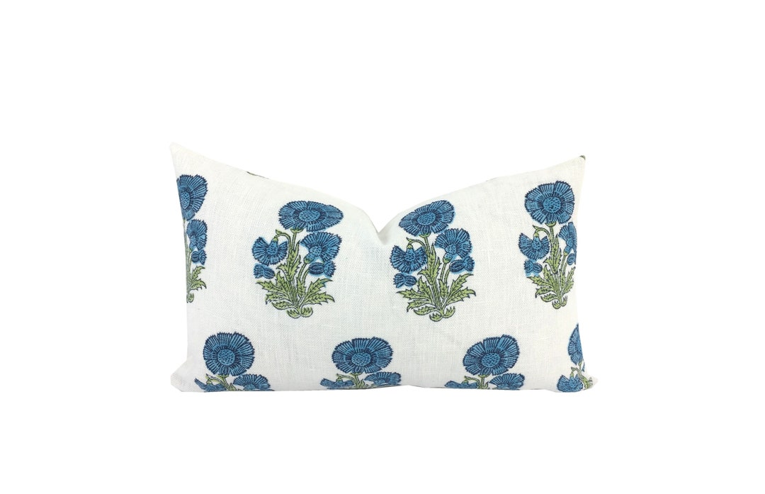 Talia Teal Blue and Green Floral Block Print Pillow Cover Lumbar Sizes ...